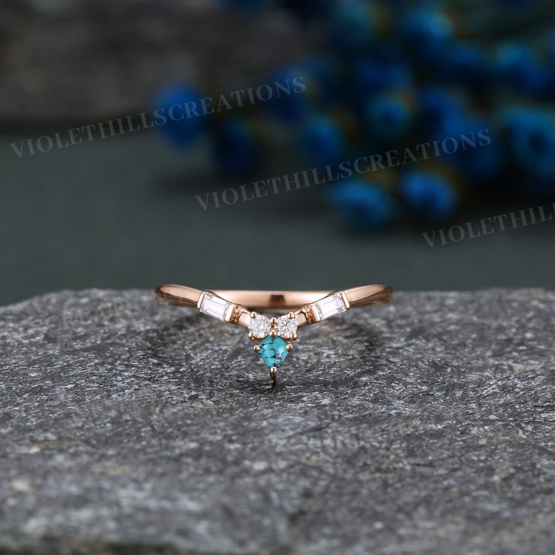 Kite Cut Turquoise Wedding Band Vintage Curved Moissanite Wedding Ring ...