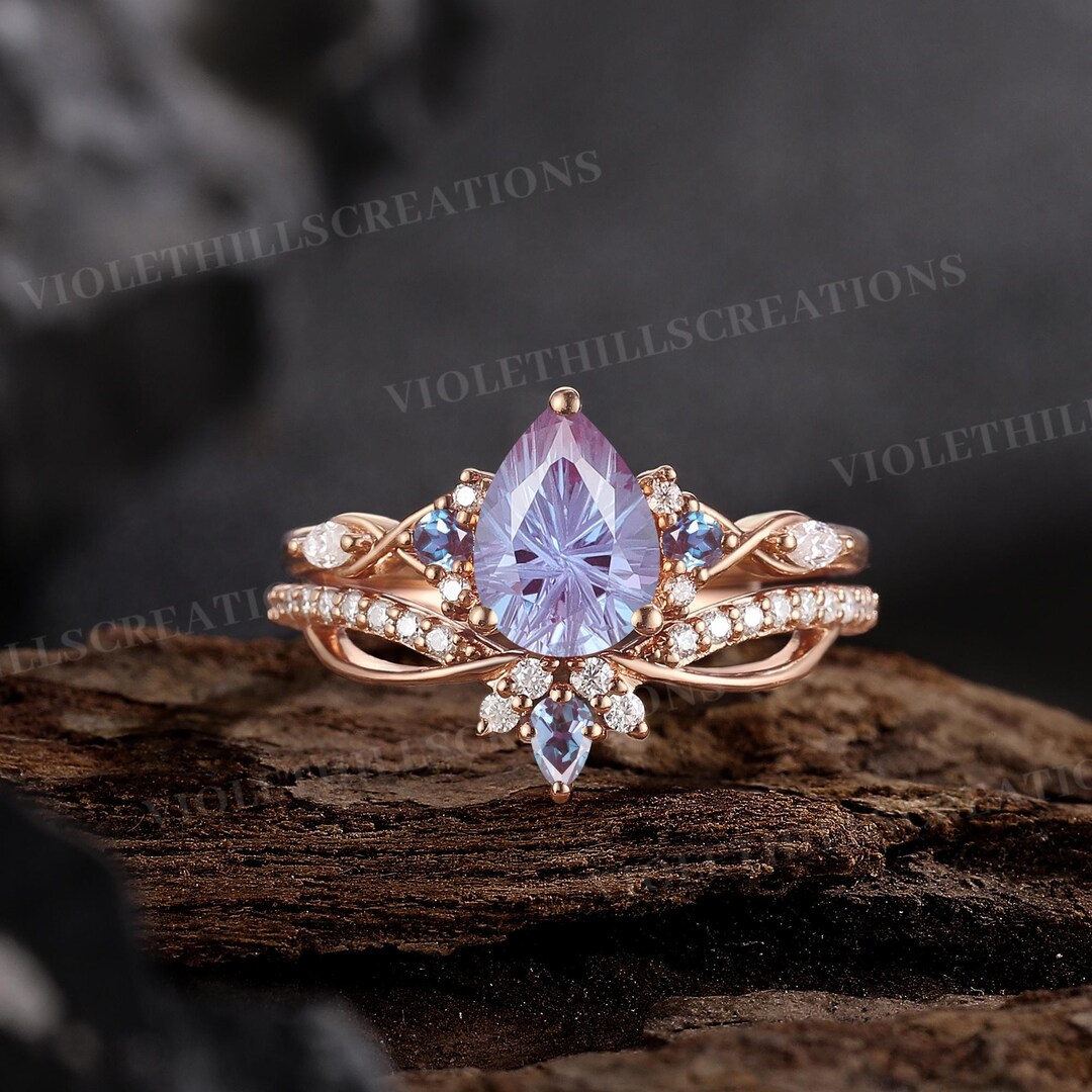 Fireworks Cut Alexandrite Engagement Ring Set Vintage Marquise Cut ...