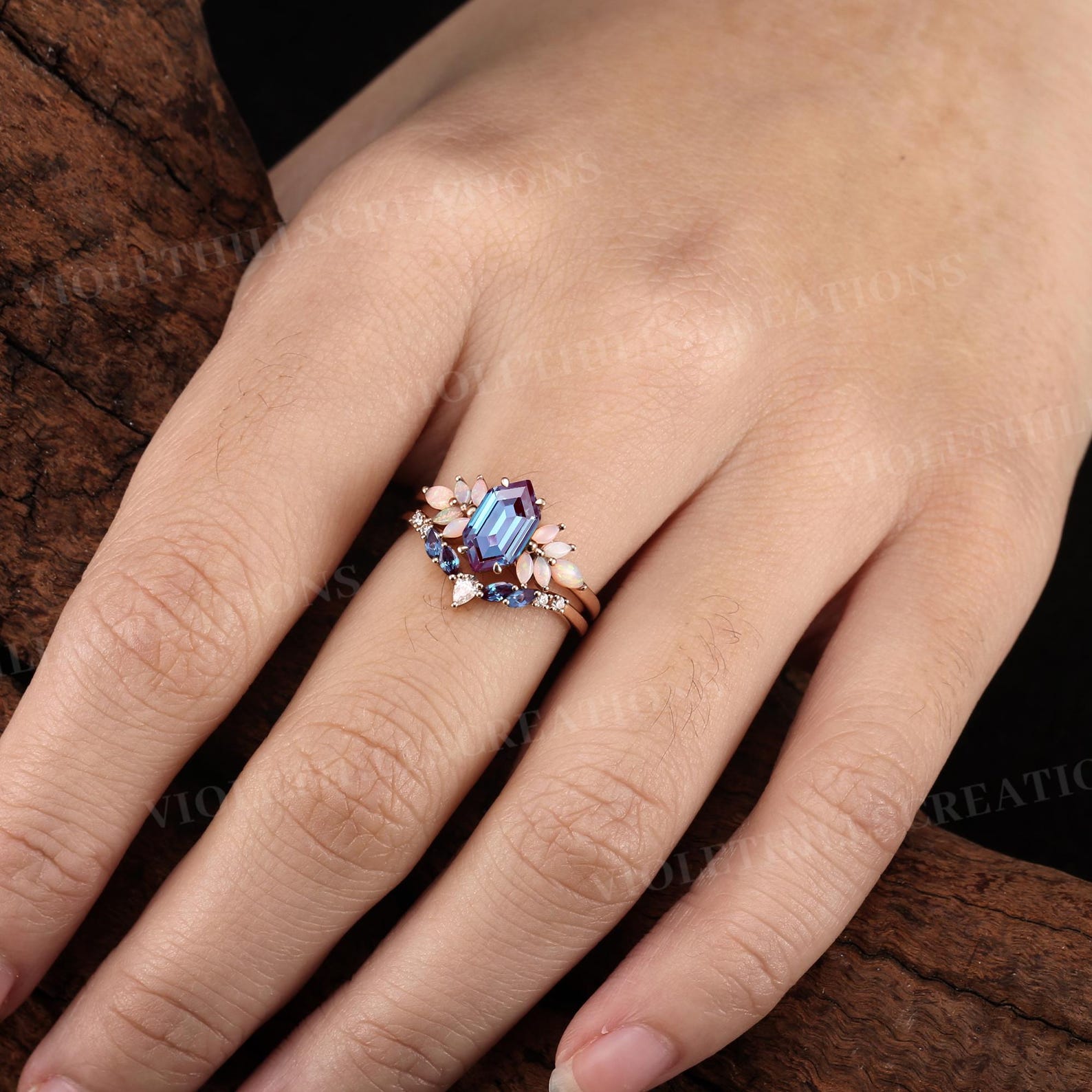 Long Hexagon Alexandrite Engagement Ring Set Cluster Natural Opal Ring ...