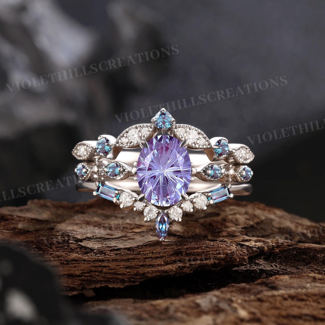 Fireworks Cut Alexandrite Engagement Ring Set Vintage Oval Moissanite ...