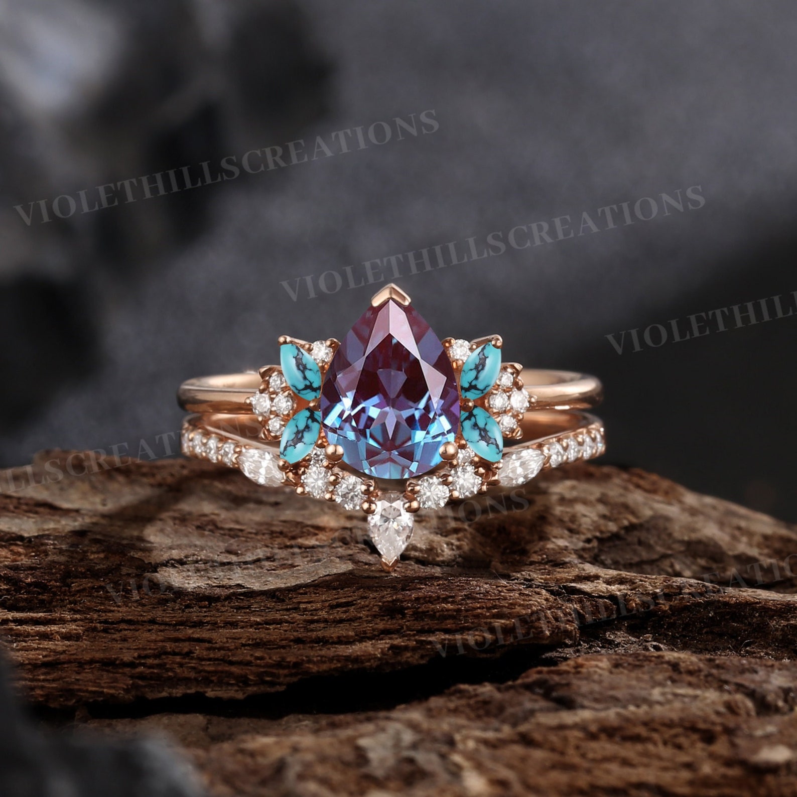 Pear Cut Alexandrite Engagement Ring Set Marquise Cut Turquoise Cluster ...
