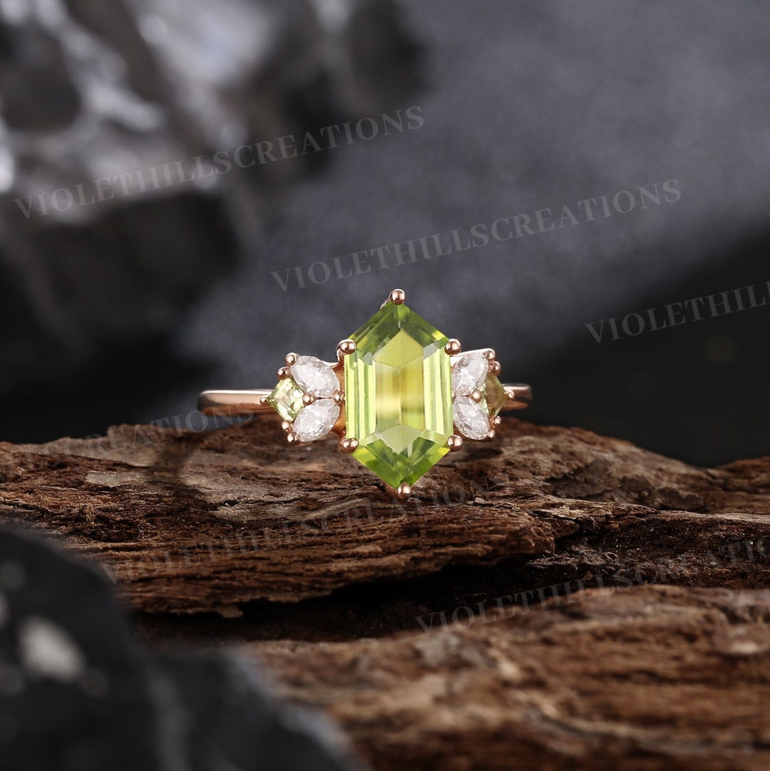 6x11mm Long Hexagon Cut Peridot Engagement Ring Unique Princess Peridot ...