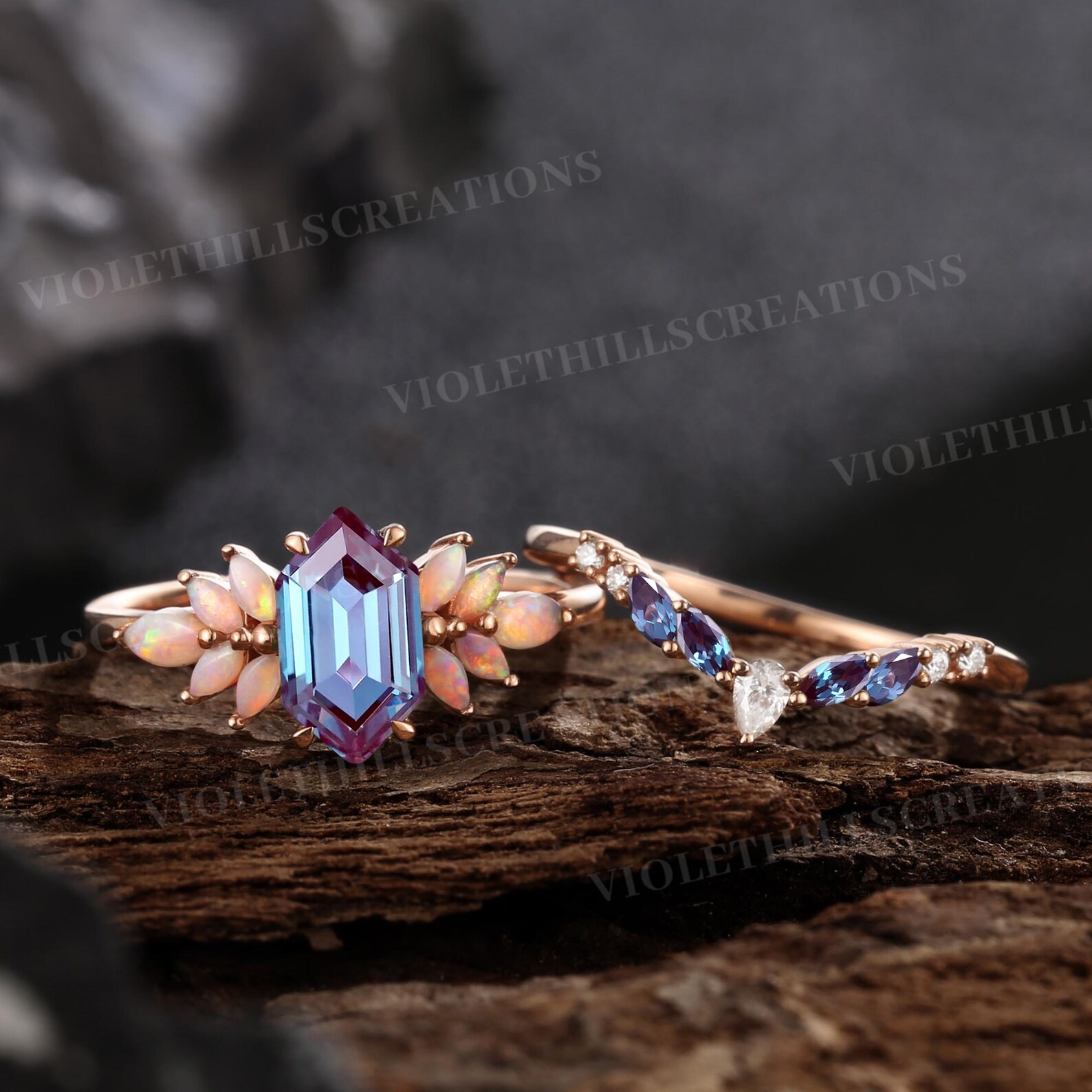 Long Hexagon Alexandrite Engagement Ring Set Cluster Natural Opal Ring ...