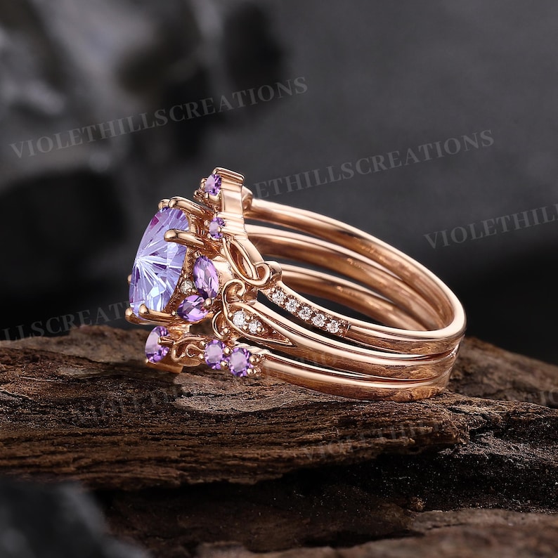 Vintage Firework Cut Alexandrite Engagement Ring Set Purple Amethyst ...