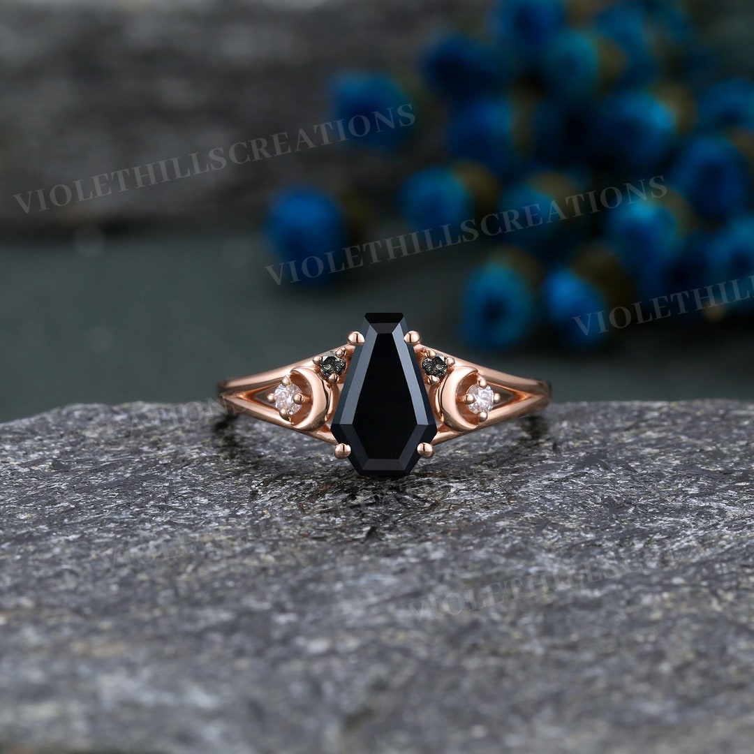 Coffin Cut Black Onyx Engagement Ring Vintage Balck Moon - Etsy