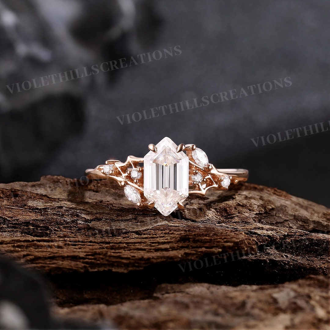 Spider Web Hexagon Cut Moissanite Gothic Engagement Ring Solid Gold Bat ...