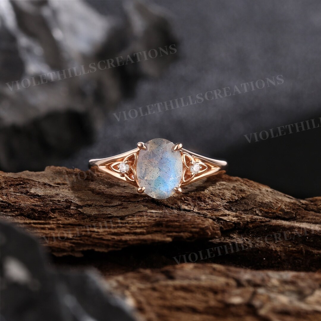 Oval Cut Labradorite Engagement Ring Unique Celtic Knot Ring Moissanite ...