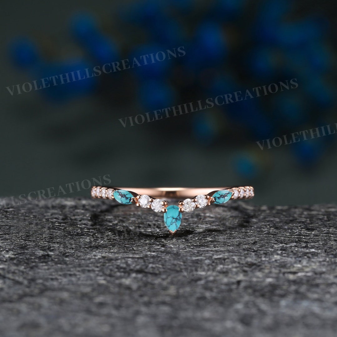 Antique Turquoise Curved Wedding Band Marquise Turquoise Stacking Ring 14k Gold Anniversary ...