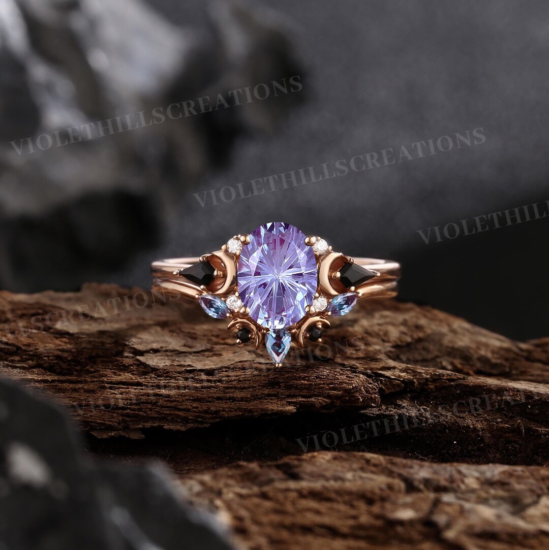 Firework Cut Alexandrite Engagement Ring Set Kite Onyx Moissanite Rings ...