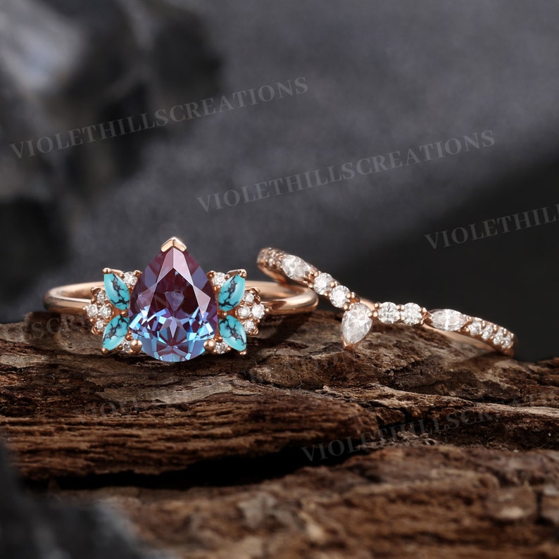 Pear Cut Alexandrite Engagement Ring Set Marquise Cut Turquoise Cluster ...