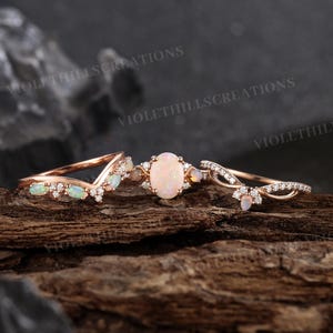 Oval Australian Opal Engagement Ring Set Opal Moissanite Cluster Promise Ring Marquise Natural ...