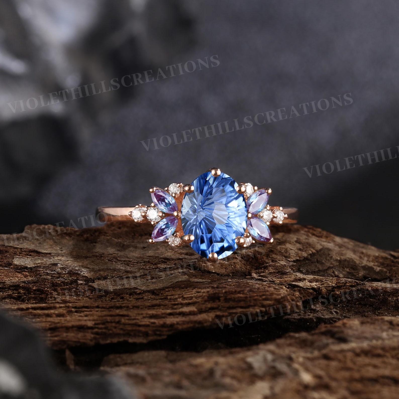 Firework Cut Sapphire Engagement Ring Unique Moissanite Alexandrite ...