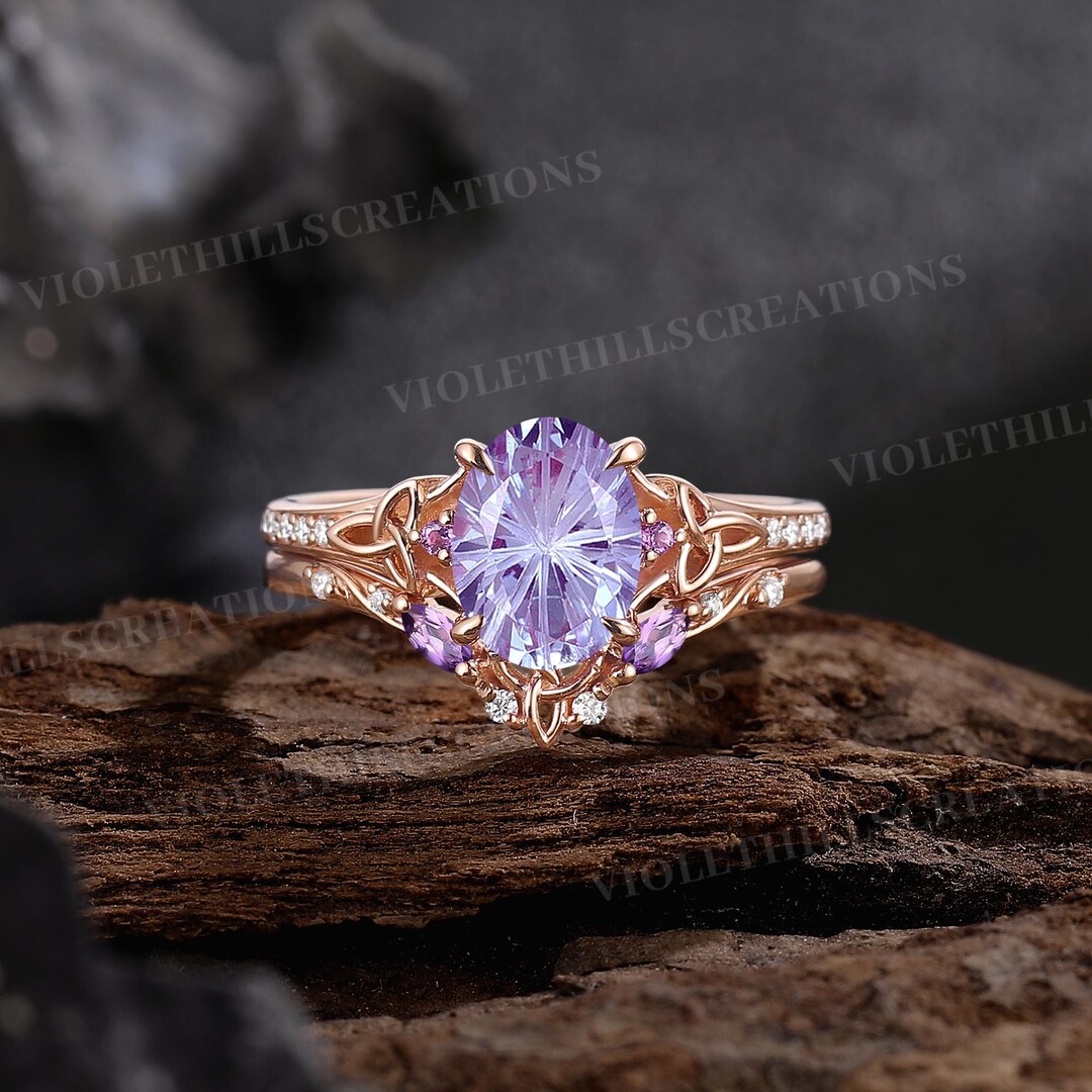 Firework Cut Alexandrite Engagement Ring Set Purple Amethyst Curved ...