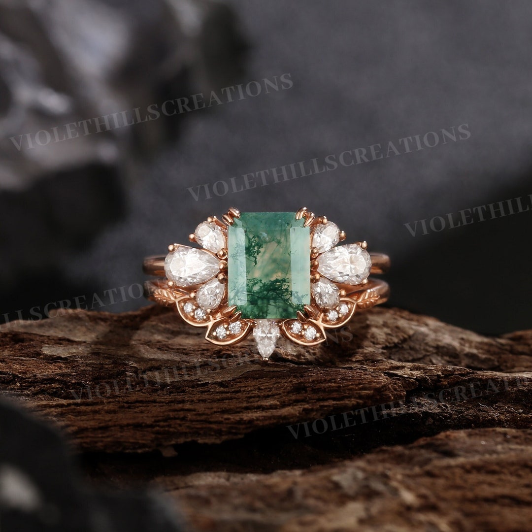 Emerald Cut Moss Agate Engagement Ring Set Cluster Moissanite Ring ...