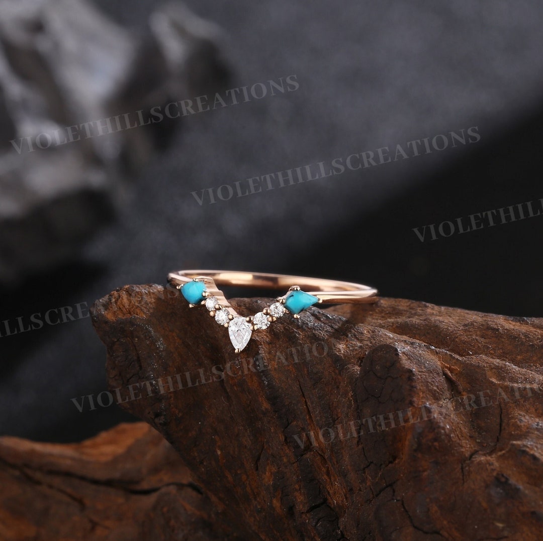 Kite Cut Turquoise Wedding Band Vintage Curved Pear Moissanite Wedding ...