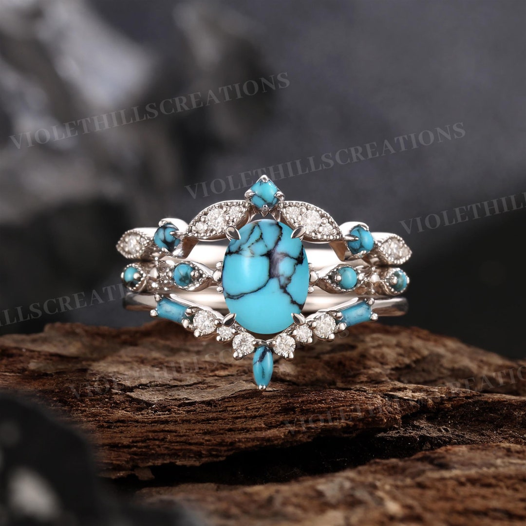 Oval Turquoise Engagement Ring Set Turquoise Wedding Ring Moissanite ...