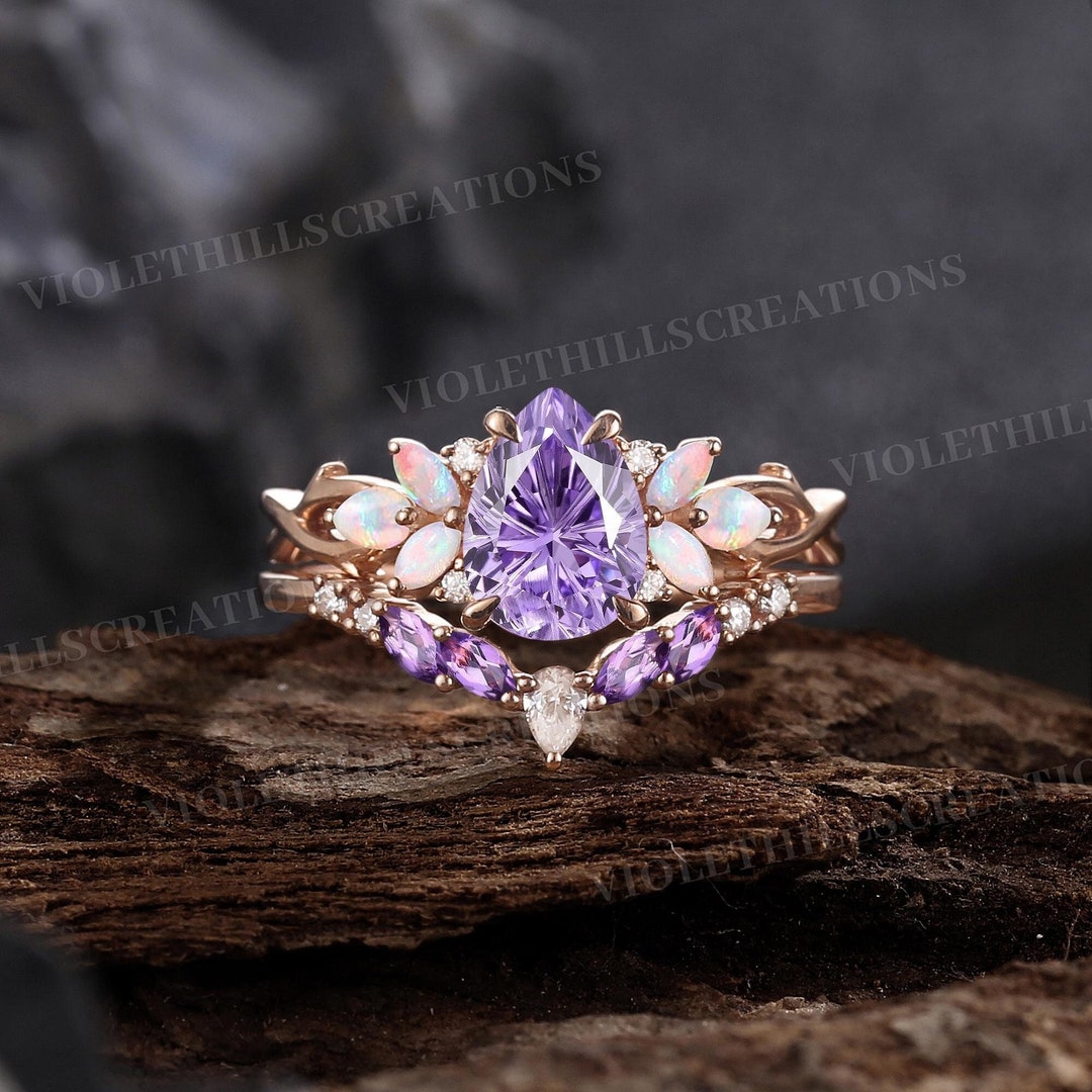 Firework Cut Purple Sapphire Engagement Ring Set Marquise Cut Natural ...