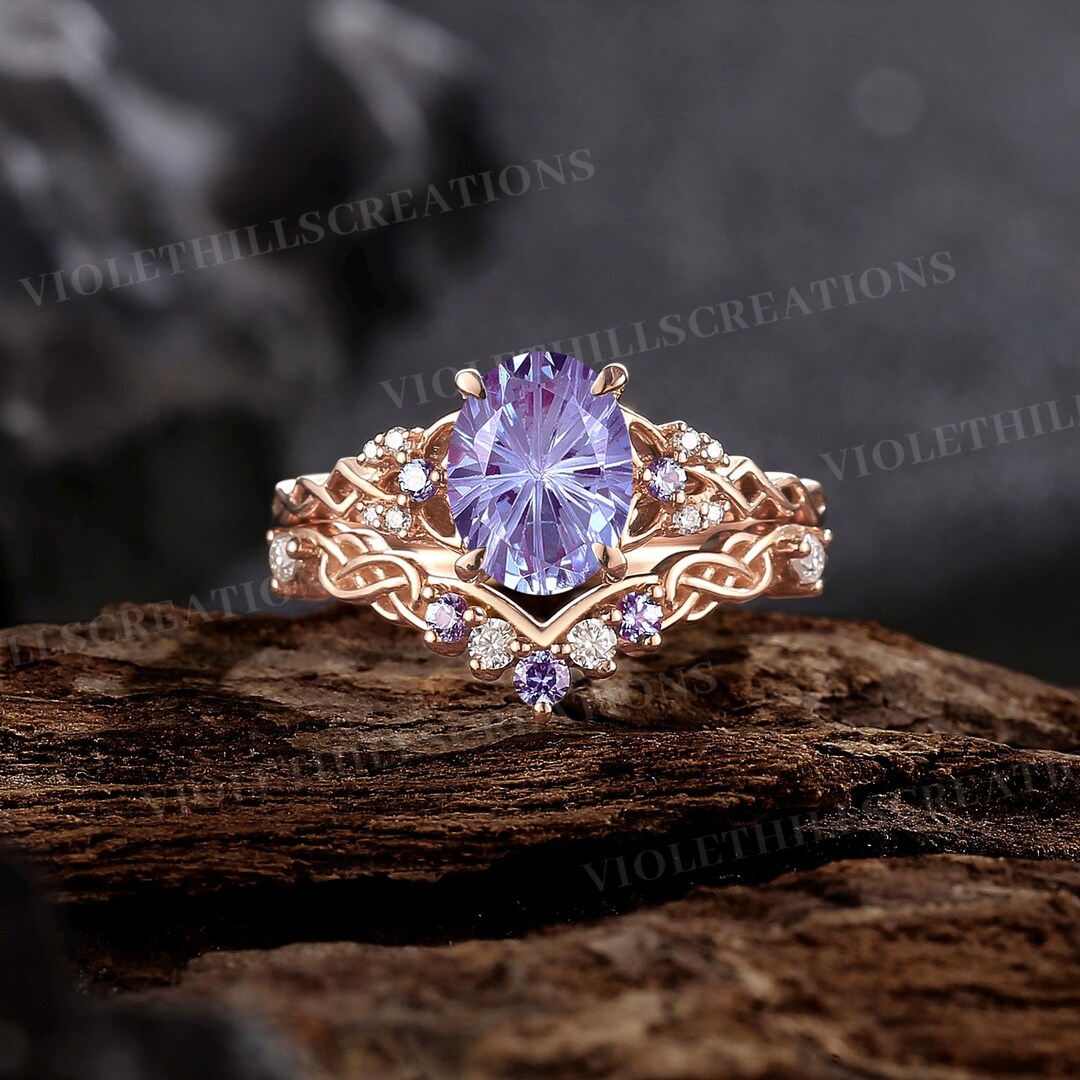 Fireworks Cut Alexandrite Engagement Ring Set Unique Celtic Knot Ring ...