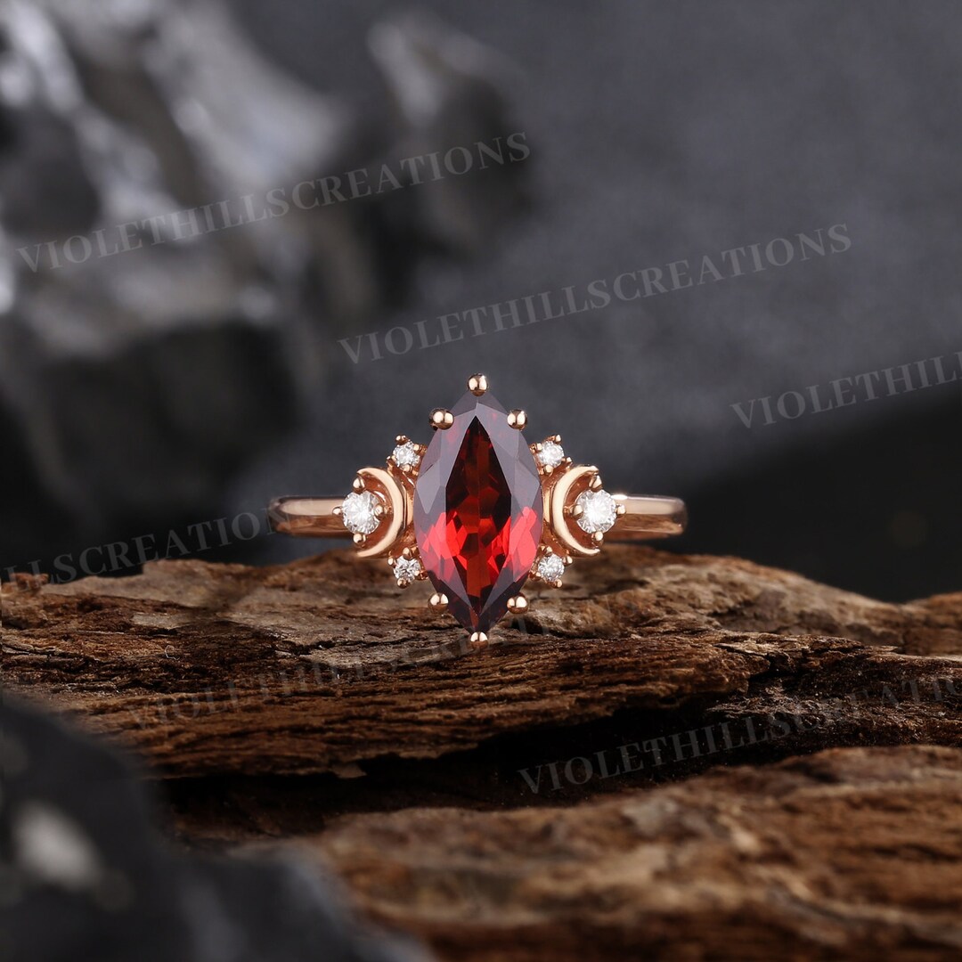 Vintage Garnet Wedding Ring Marquise Ruby Engagement Ring Moon Moissanite Promise Rings for ...