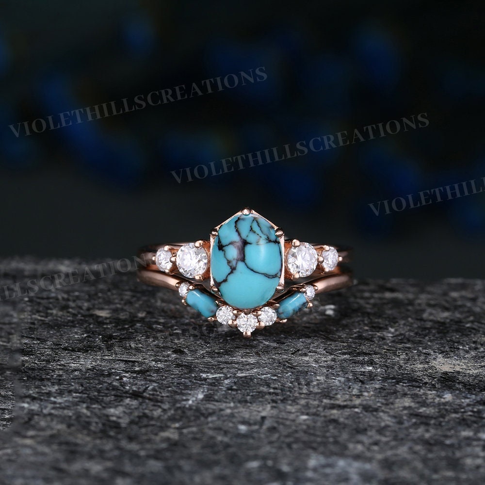 Vintage Turquoise Engagement Ring Moissanite Wedding Ring Set - Etsy