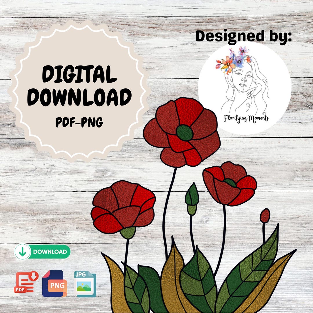 Poppy Flowers Stained Glass Pattern | Digital Download | PNG and PDF ...