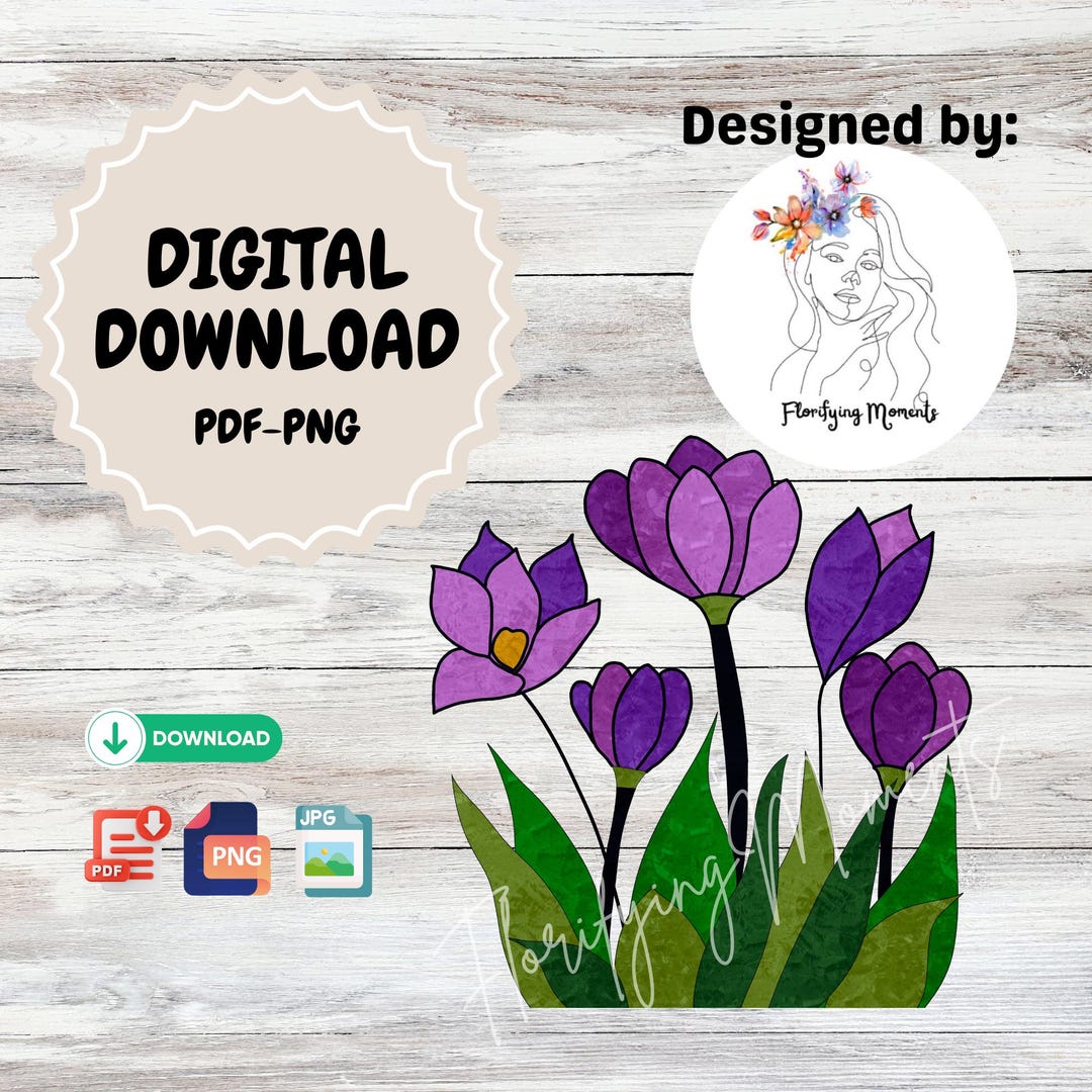 Crocus Flower Stained Glass Pattern – Digital Download | 5 PNG + 1 PDF | Resize for Cricut ...
