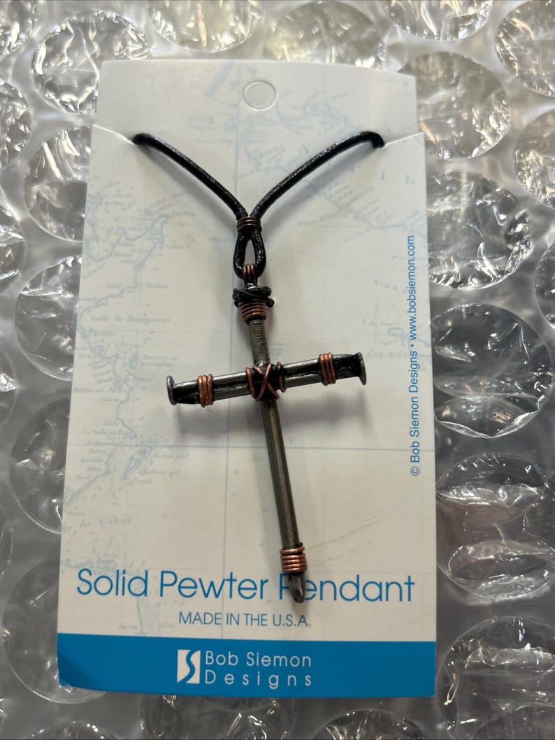 Bob Siemon 2” Nail and Copper Wire Cross Pendant on Leather Cord, 30 ...