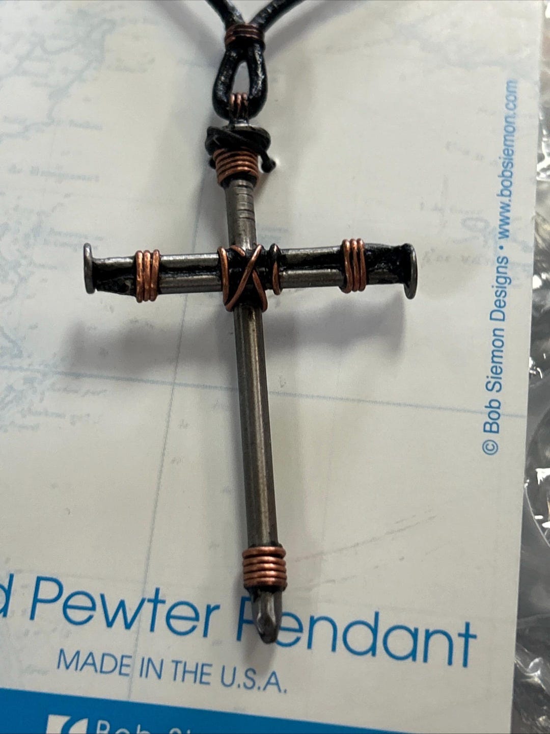Bob Siemon 2” Nail and Copper Wire Cross Pendant on Leather Cord, 30 ...