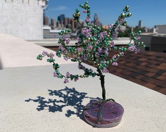 Beaded Wire Tree Sculpture Rock Base Cherry Blossom Bonsai - Etsy