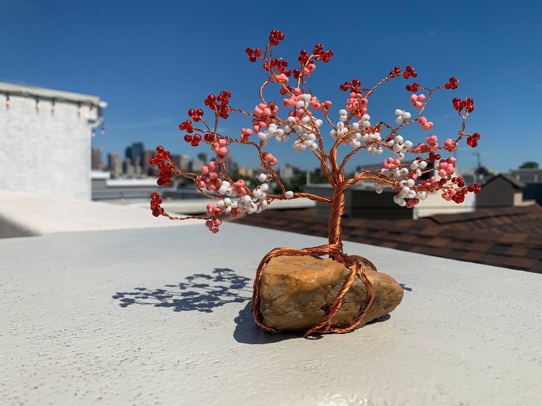 Beaded Wire Tree Sculpture Rock Base Cherry Blossom Bonsai - Etsy