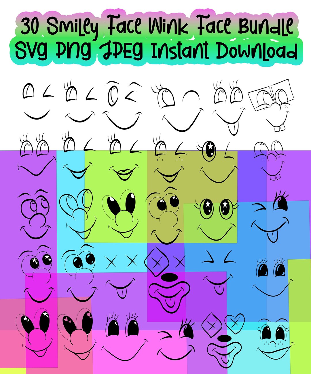 30 Smiley Faces Wink Faces Bundle Face Wink Instant Download for Cups ...