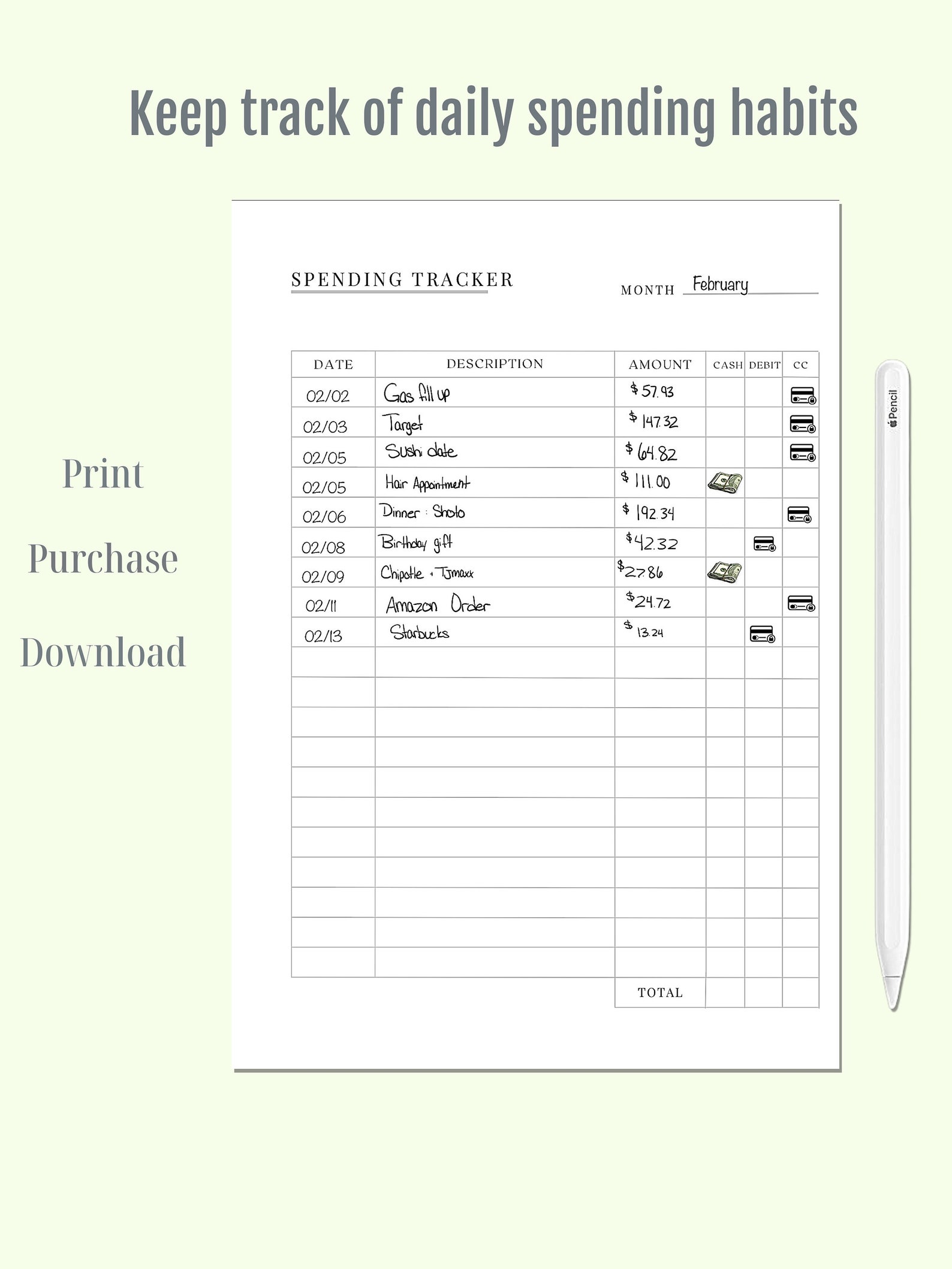 Printable Spending Tracker Budget Chart Printable Digital Spending ...