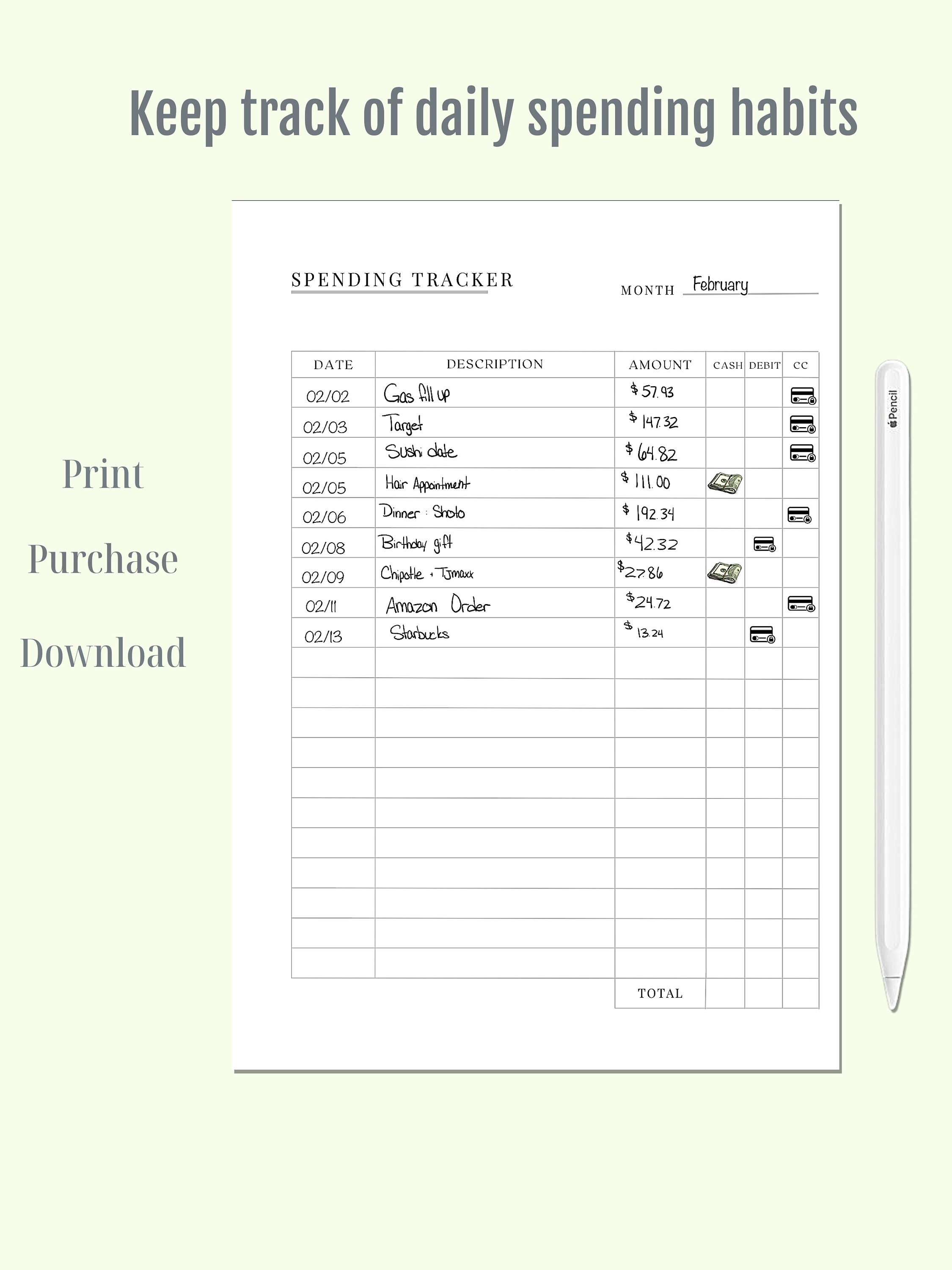 Printable Spending Tracker Budget Chart Printable Digital Spending ...