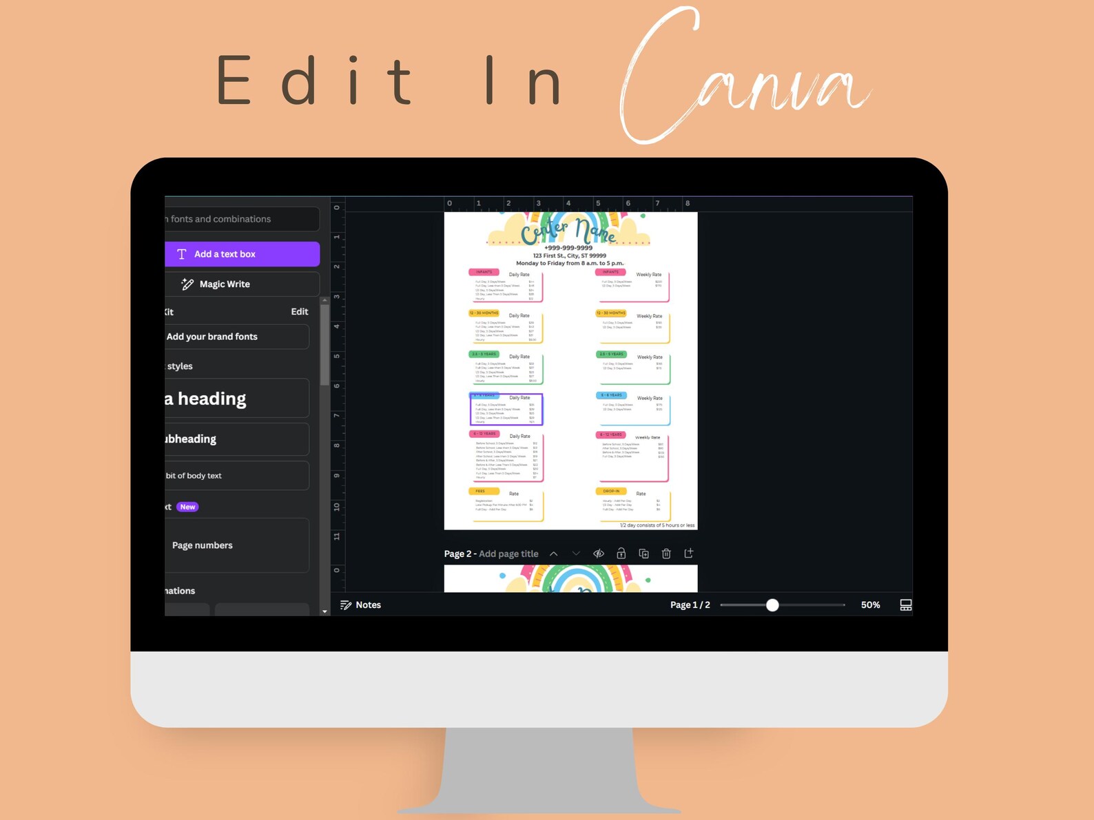 Daycare Rate Sheet Daycare Template Childcare Printables Canva Template ...