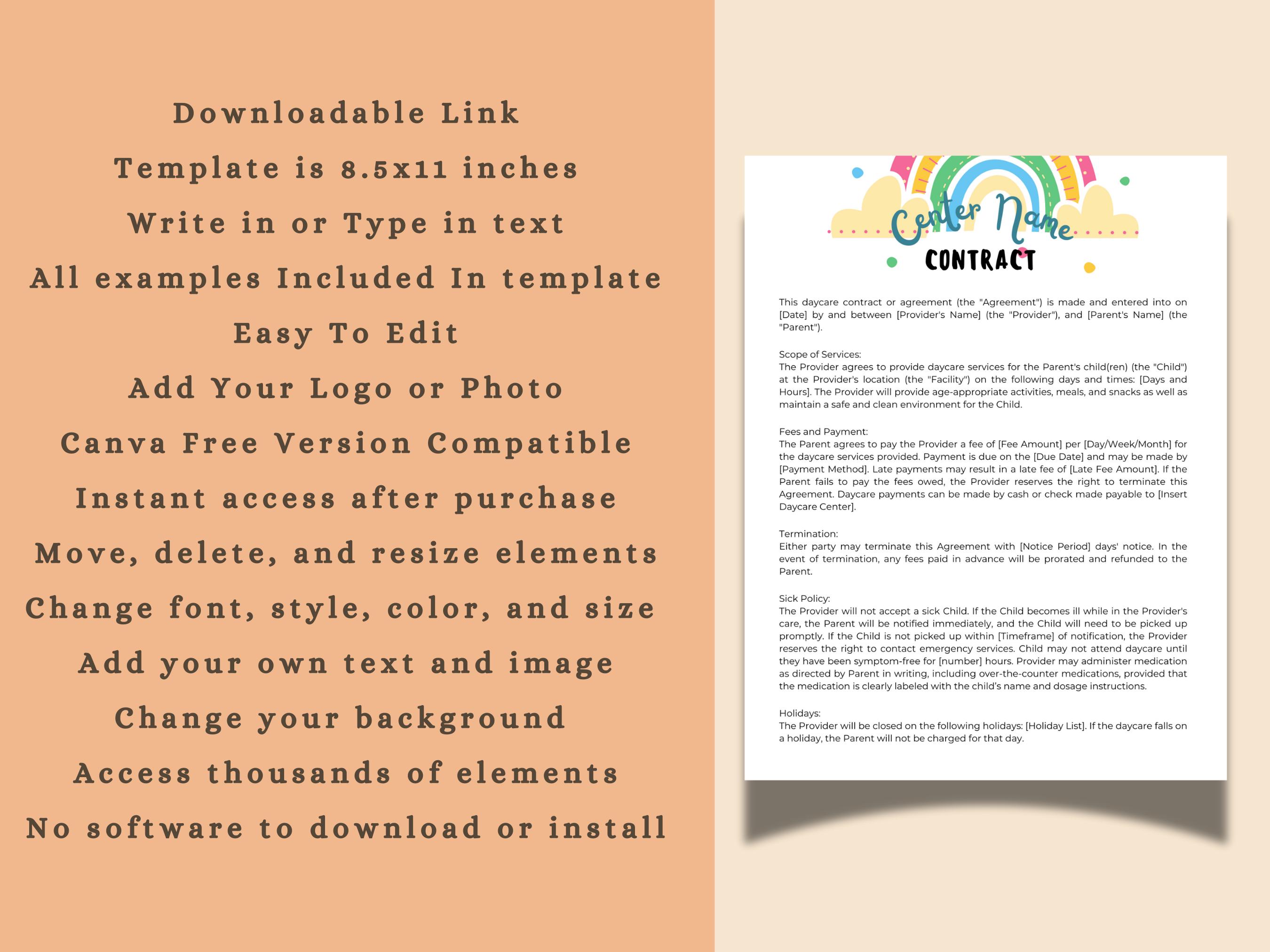 Daycare Template Childcare Printables Canva Template Daycare Contract ...