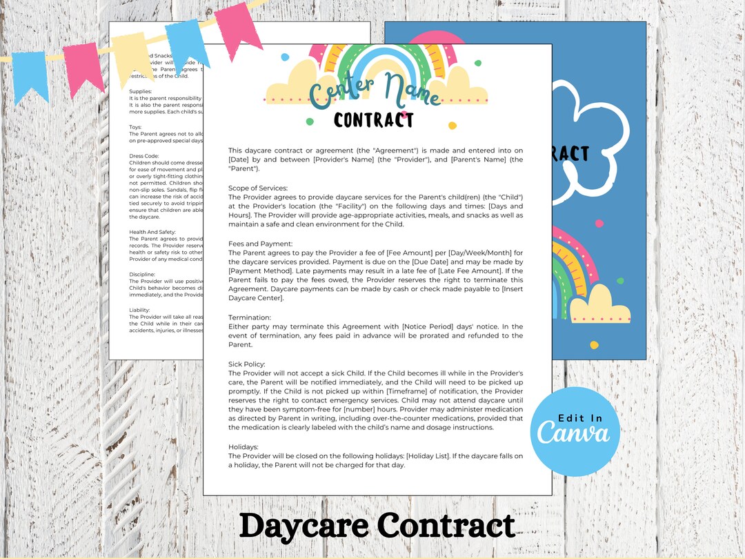 Daycare Template Childcare Printables Canva Template Daycare Contract ...