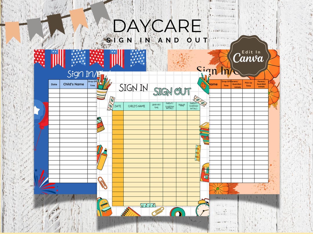 Daycare Sign in and Out Sheet Bundle Editable Printable Childcare ...