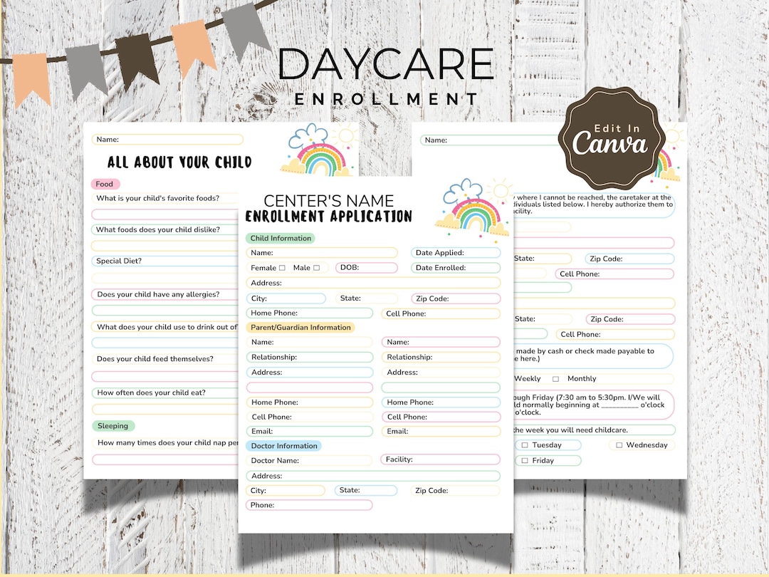 Rainbow Daycare Enrollment Form | Editable Childcare Application ...