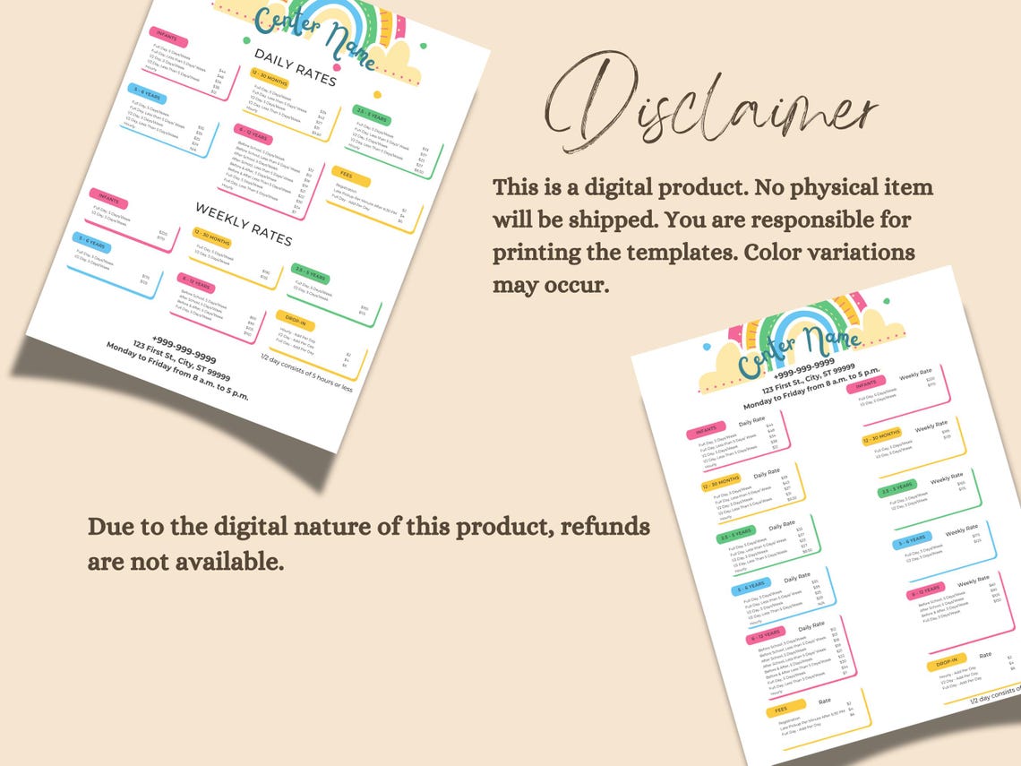 Daycare Rate Sheet Daycare Template Childcare Printables Canva Template ...