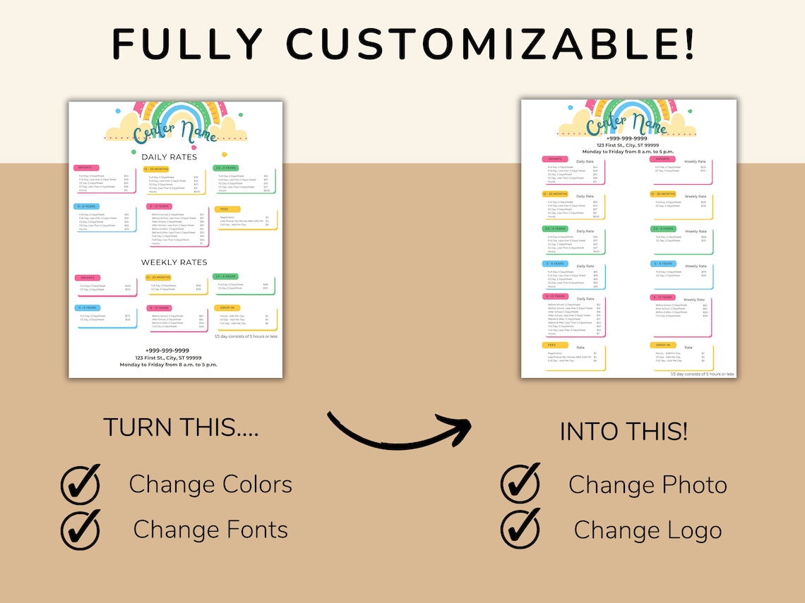 Daycare Rate Sheet Daycare Template Childcare Printables Canva Template ...