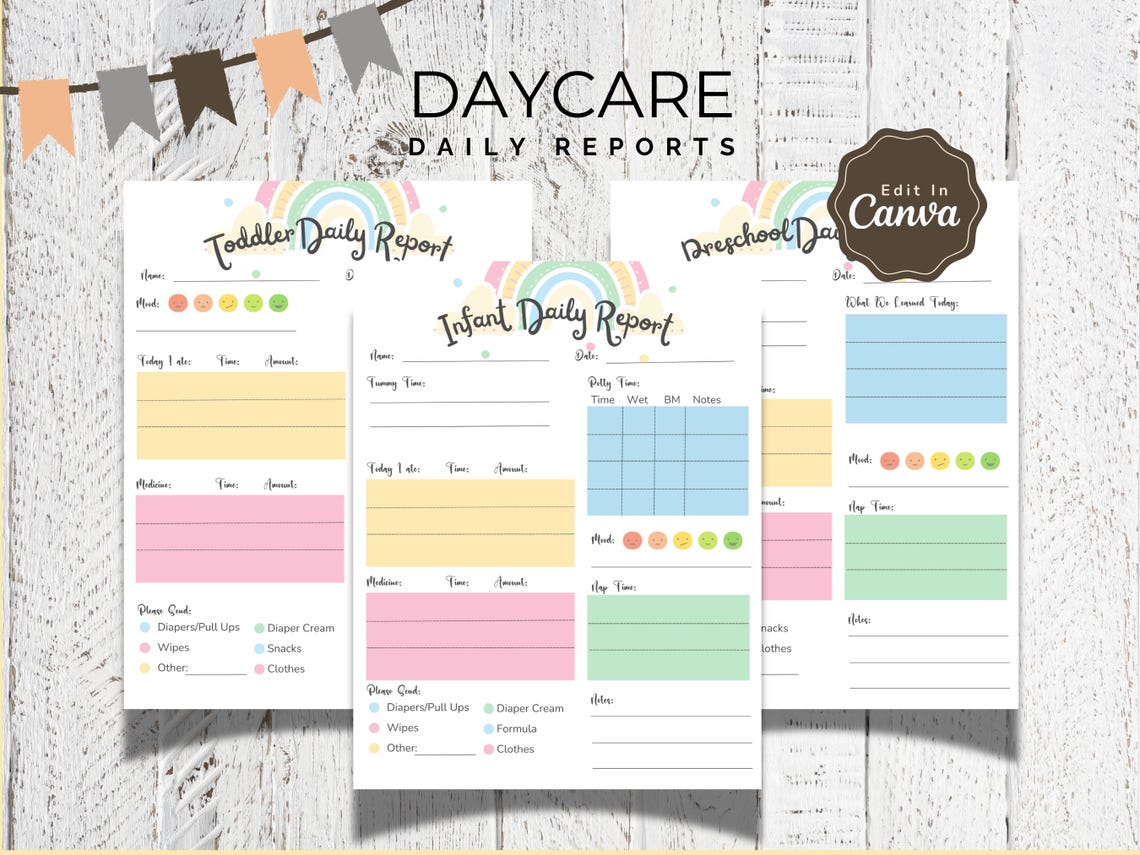 Rainbow Daycare Daily Report Sheet | Editable Childcare Communication ...