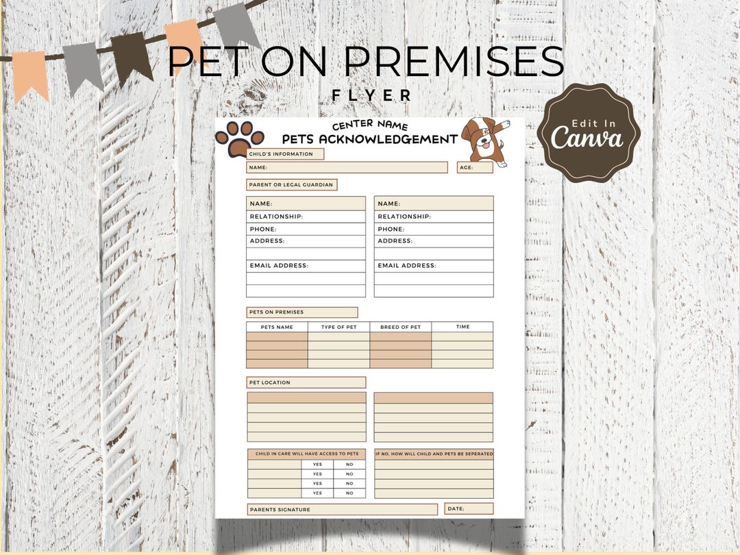 Pet on Premises Acknowledgement Flyer | Editable Daycare Pet Consent ...