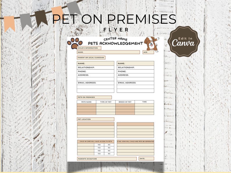 Pet on Premises Acknowledgement Flyer | Editable Daycare Pet Consent ...