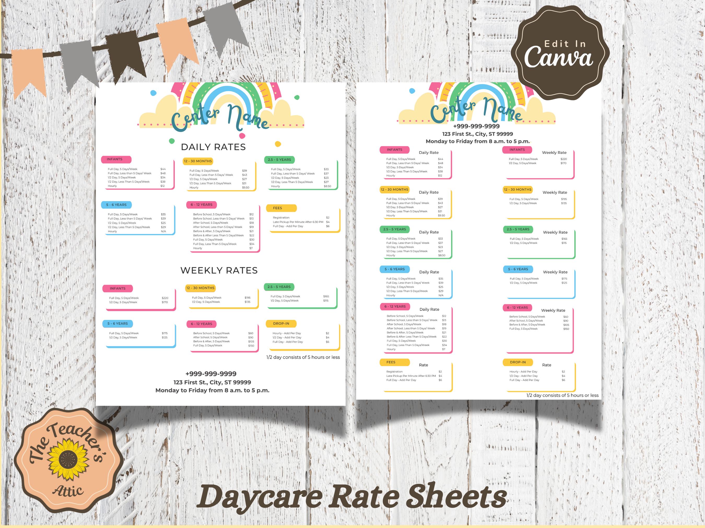 Daycare Rate Sheet Daycare Template Childcare Printables Canva Template ...