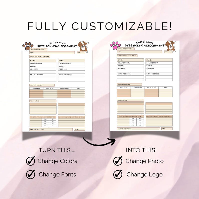 Pet on Premises Acknowledgement Flyer | Editable Daycare Pet Consent ...