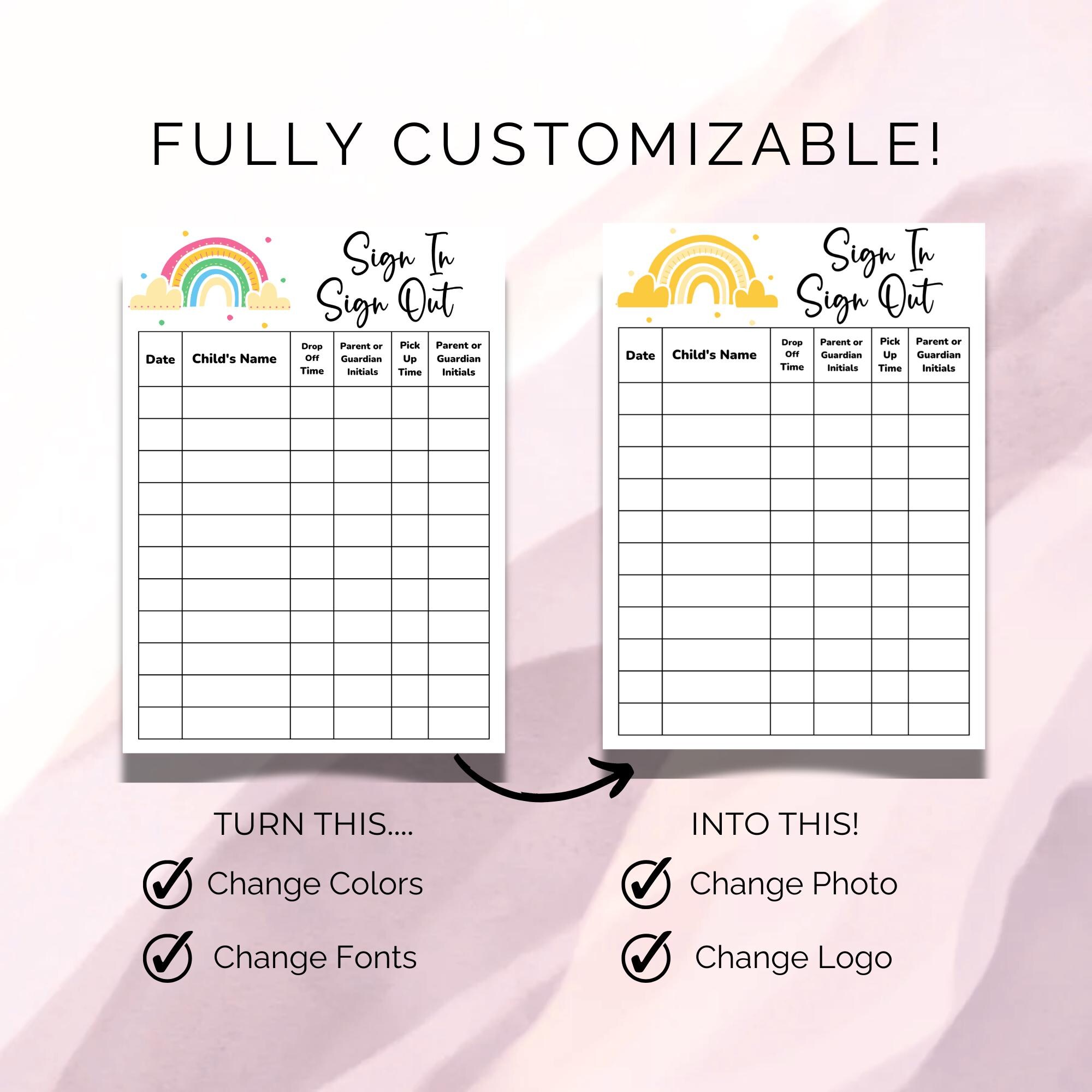 Rainbow Daycare Sign in & Out Sheet | Editable Childcare Attendance Log ...