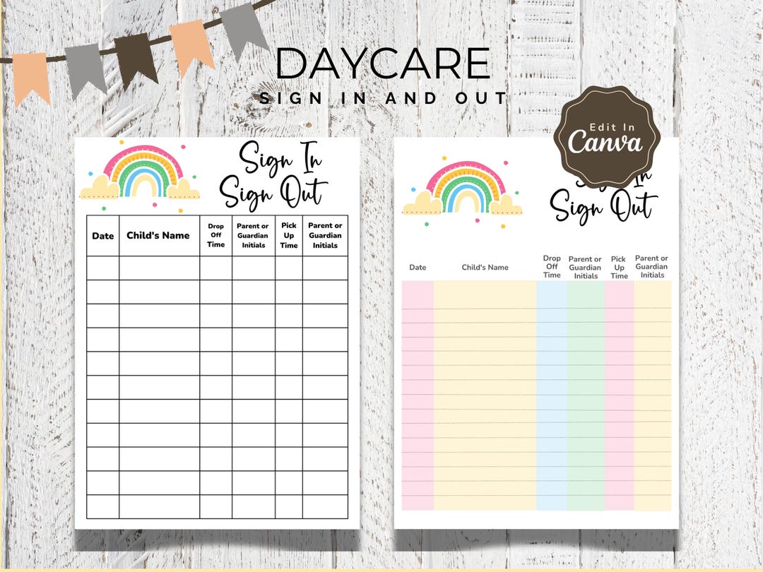 Rainbow Daycare Sign in & Out Sheet | Editable Childcare Attendance Log ...