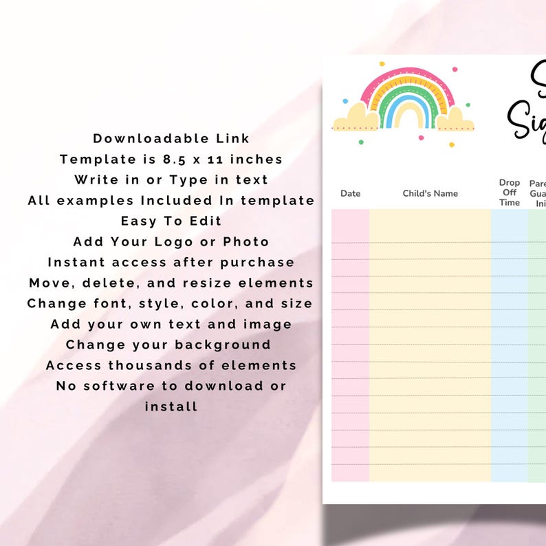 Rainbow Daycare Sign in & Out Sheet | Editable Childcare Attendance Log ...