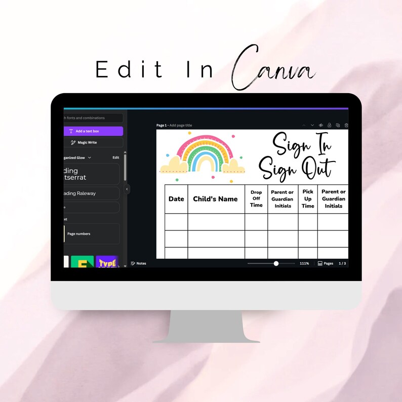 Rainbow Daycare Sign in & Out Sheet | Editable Childcare Attendance Log ...