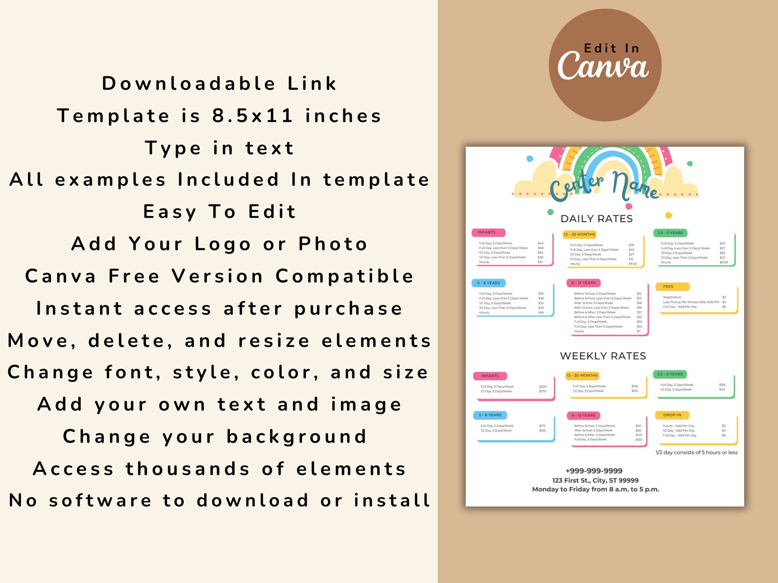 Daycare Rate Sheet Daycare Template Childcare Printables Canva Template Daycare Forms Childcare ...